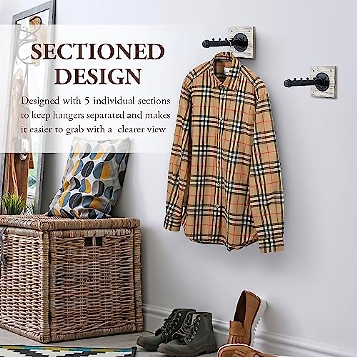 MyGift Wall Mounted Shabby White Washed Wood and Industrial Matte Black Metal Pipe Valet Bar, Clothing Hanger Rack with 4 Garment Hanging Hooks, Set of 2