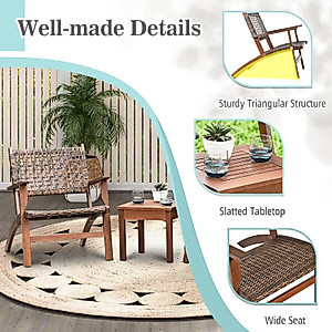 RELAX4LIFE 3-Pieces Porch Bistro Set - Outdoor Eucalyptus Wood Patio Furniture Set with Coffee Table, Outside Rattan Chairs for Poolside, Balcony, Garden, Deck, Hand-Woven PE Wicker Conversation Set