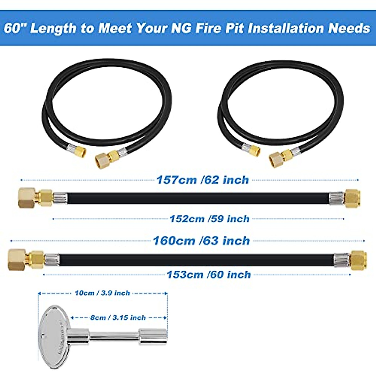 Skyflame Natural Gas Connection Hose, Complete NG Fire Pit Installation Kit from Burner to Natural Gas, Includes 1/2" Control Valve Key Set, 2 PCS 60" Connect Hoses