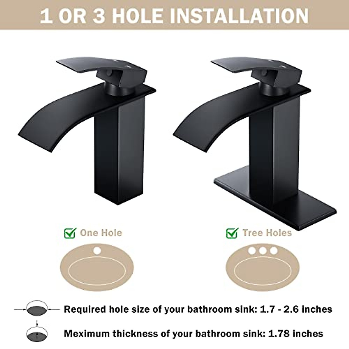 Qomolangma Black Waterfall Spout Bathroom Faucet, Single Handle Bathroom Vanity Sink Faucets, Rv Lavatory Vessel Faucet Suitable for 1 or 3 Holes with 6 Inch Deck Plate & Hose Matte Black