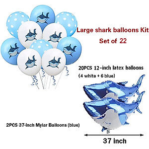 SAKOLLA Set of 22 Shark Theme Party, 2 x 37" Large Shark Foil Balloons and 20 x 12" Shark Latex Balloons