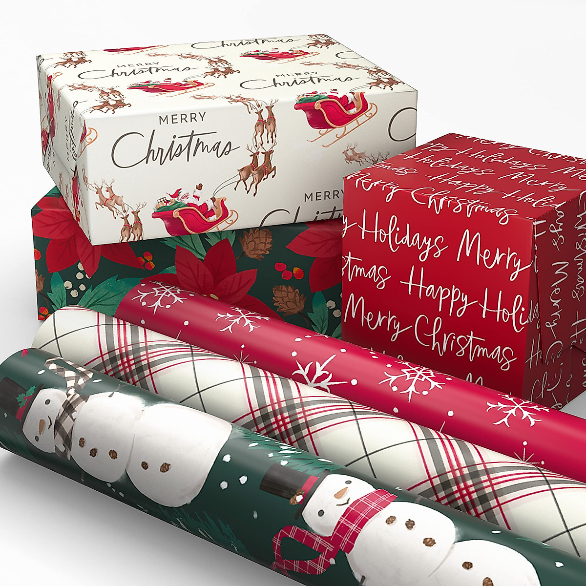 Hallmark Rustic Recyclable Christmas Wrapping Paper (6 Rolls: 180 Sq. Ft. Total) Red, White and Hunter Green Plaid, Poinsettias, Snowflakes, "Merry Christmas," Snowman, Santa