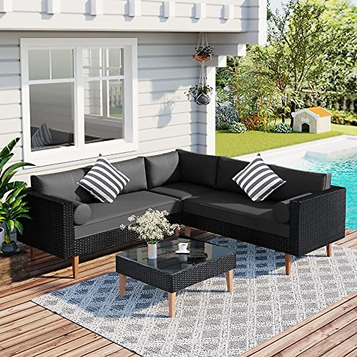 GLIFRON Outdoor Patio Furniture 4-Piece All Weather PE Brown Rattan L-Shaped Sectional Sofa Conversation Set with Colorful Pillows, Beige Cushions & Glass Coffee Table for Porch Lawn Garden