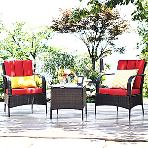 Tangkula 3 Piece Patio Furniture Set, 2 Wicker Chairs with Glass Top Coffee Table, Outdoor Garden Porch Poolside Furniture Set for 2, Rattan Conversation Set