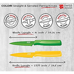Kuhn Rikon Serrated Paring Knife with Safety Sheath, 4 inch/10.16 cm Blade, Green & Yellow