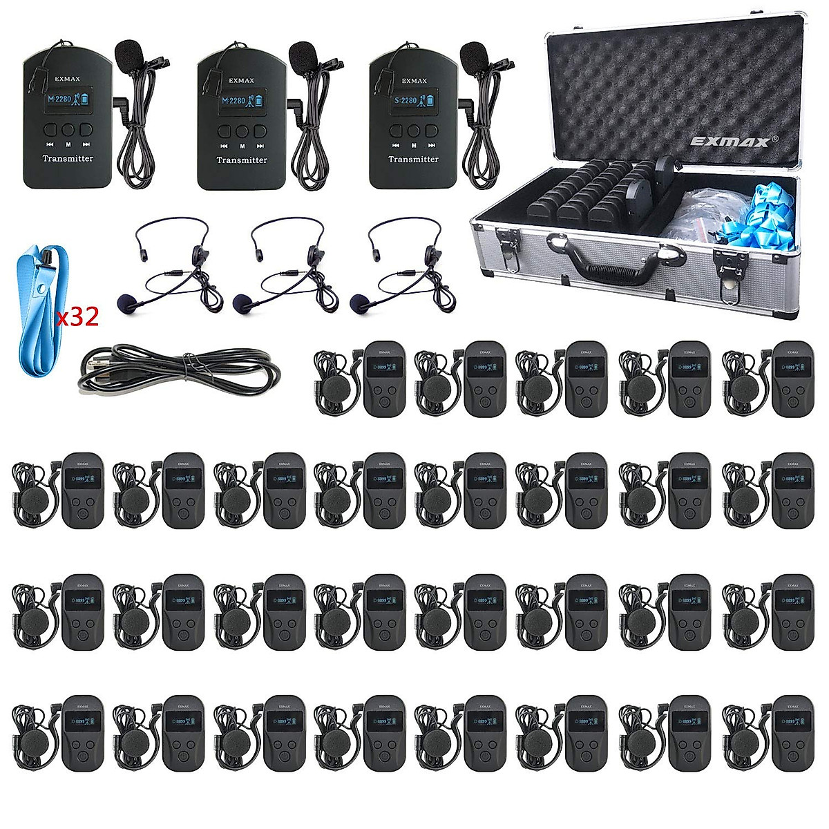 EXMAX EXD-101 2.4G Wireless Audio Tour Guide System Simultaneous Interpretation Church Courtroom Translation Assistive Listening Equipment Worship 3 Transmitters 29 Receivers & 32-slot Charging Case