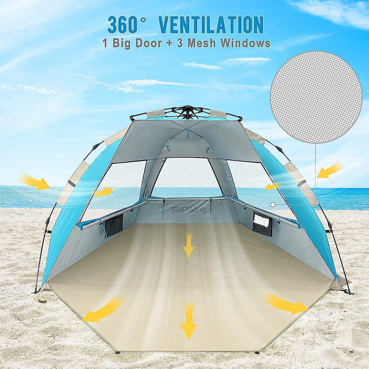 G4Free 3-4 Person Beach Tent Pop Up Shade, Lightweight UPF 50+ Beach Sun Shelter Family Size, Easy Setup and Portable Sun Shade Canopy Cabana(Lake-Blue)