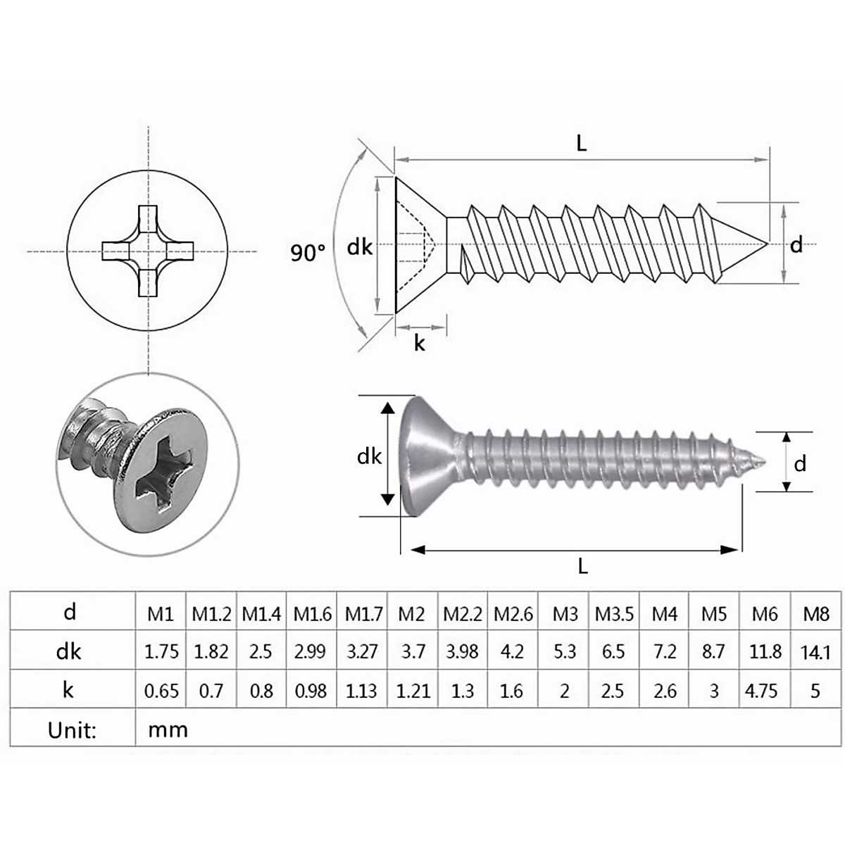 Guard4U 300Pcs M2 304 Stainless Steel Phillips Countersunk/Flat Head Self-Tapping Screws Assortment Kit- Wood Screws M2 x 4mm/ 6mm/ 8mm/ 10mm/ 12mm/ 14mm/ 16mm/ 18mm/ 20mm/ 25mm