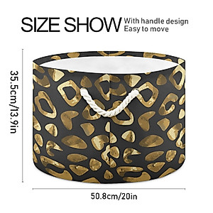Krafig Gold Leopard Print Pattern Round Collapsible Storage Basket, Large Toy Storage, Laundry Baskets, Open Home Storage Bins for Toy Organizer, Home Decor, Clothes, Toys