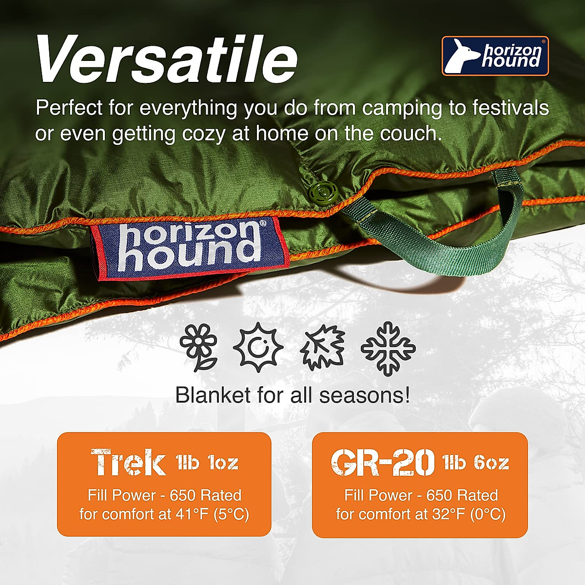 Horizon Hound Down Camping Blanket - Trek, Green Travel Blanket | Sustainable Insulated Down | Lightweight & Warm Quilt for Camping, Stadium, Hiking & Festival | Water Resistant, Packable & Compact