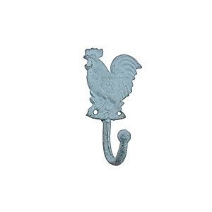 Handcrafted Nautical Decor Rustic Light Blue Cast Iron Rooster Hook 7"
