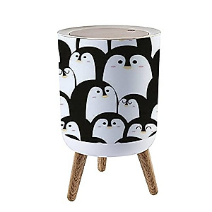 Trash Can with Lid Cute Animal with Penguin Black and White Color for Carpet Fabric and Press Cover Small Garbage Bin Round with Wooden Legs Waste Basket for Bathroom Kitchen Bedroom 7L/1.8 Gallon