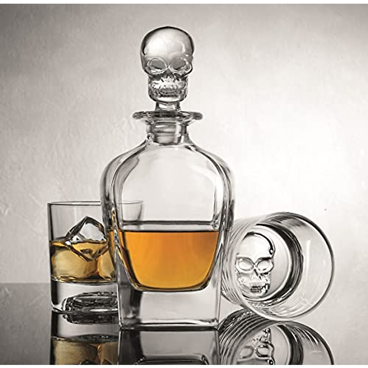 Godinger Skull Whiskey Decanter and Old Fashioned Whiskey Glasses, Skulls Liquor Decanter Barware Set, Halloween Decor