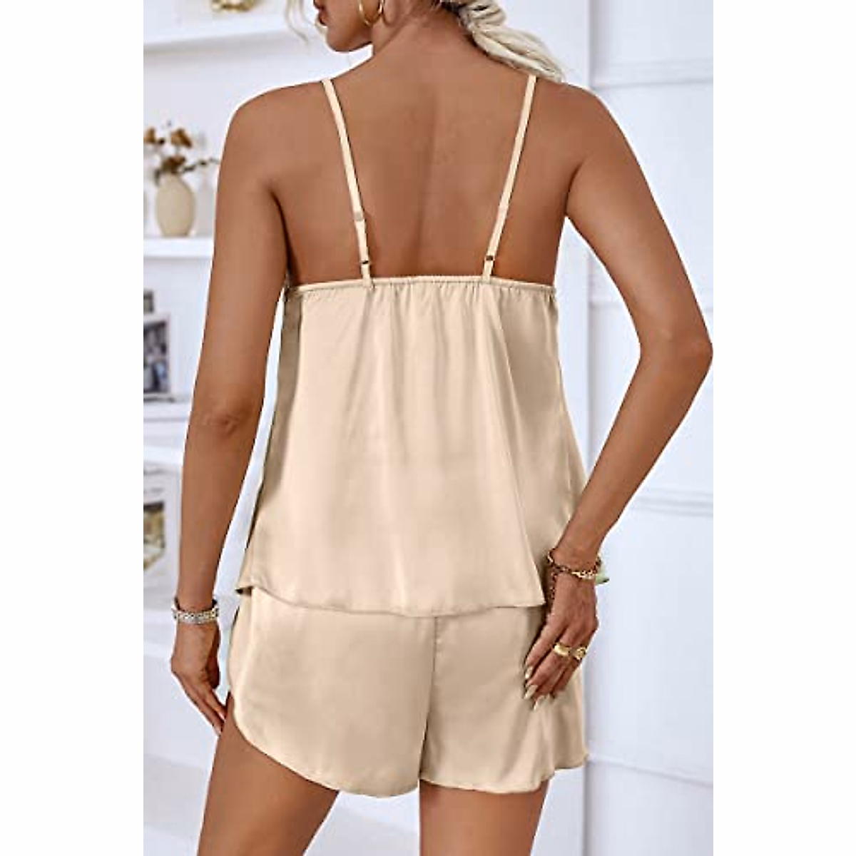 CHYRII Satin Pajamas for Women Sexy Silk Cowl Neck Cami Shorts PJ Sets Lingerie Nightwear Ivory L