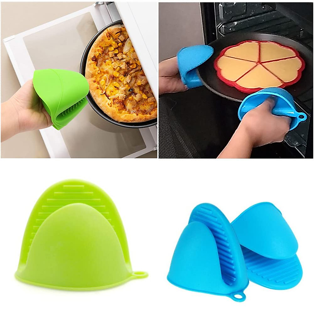 Beetoo 4PCS Silicone Oven Mitts Heat Resistant, Silicone Mini Oven Gloves Potholders for Kitchen Cooking Baking BBQ, Pinch Oven Mitts Pot Holder Rubber Oven Glove (Blue, Green)