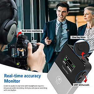 Mirabox Wireless Lavalier Microphone, 32 Channels UHF Microphone System with 2 Transmitter and 1 Receiver,Lav Mic for DSLR Camera, Smartphone, Tablets