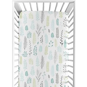 Sweet Jojo Designs Blue and Grey Tropical Leaf Unisex Boy or Girl Baby or Toddler Nursery Fitted Crib Sheet - Turquoise, Gray and Green Botanical Rainforest Jungle Sloth Collection