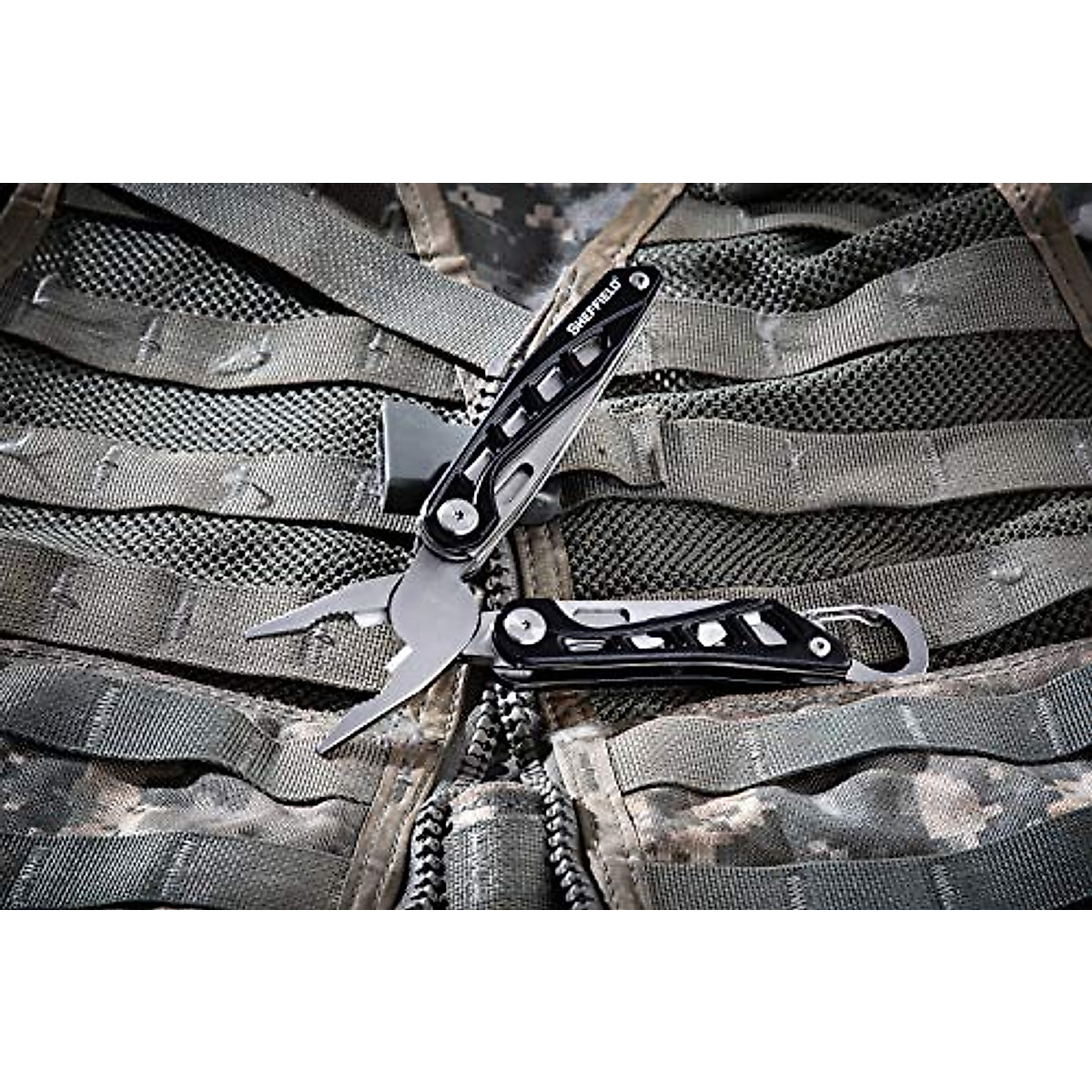 Sheffield 12176 Warren 10-in-1 Multi Tool with Carabiner | Folding Pocket Knife, Screwdrivers, Saw, Wire Cutters & More in One Multifunction Tool| Easy Open | for Hiking, Fishing, Camping + | Sheath,Black