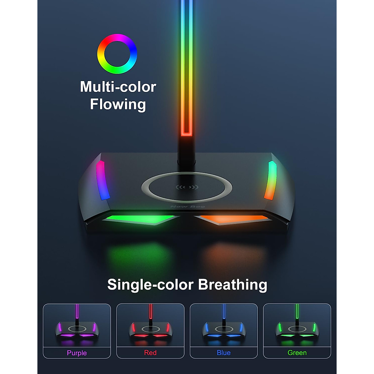 New bee RGB Headphone Stand with 2 USB-C & 1 USB Charging Ports, Desk Gaming Headset Holder with 7 Light Modes and Non-Slip Rubber Base Suitable for All Earphone Accessories