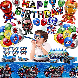 Superhero Party Decorations, Superhero Birthday Party Supplies, Superhero Blue Theme Decorations - Includes Superhero Plates and Napkins, Tablecloths, Banners, Balloons, Stickers.-189 Pcs