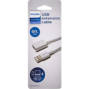 Philips 6ft. (1.8m) USB 2.0 Charging Extension Cable, USB-A Male to USB-A Female Extender, Sleek White Finish, High Speed, Works with Windows 7+ and Mac, Works With Andriod and iOS Devices SWU2801N/27