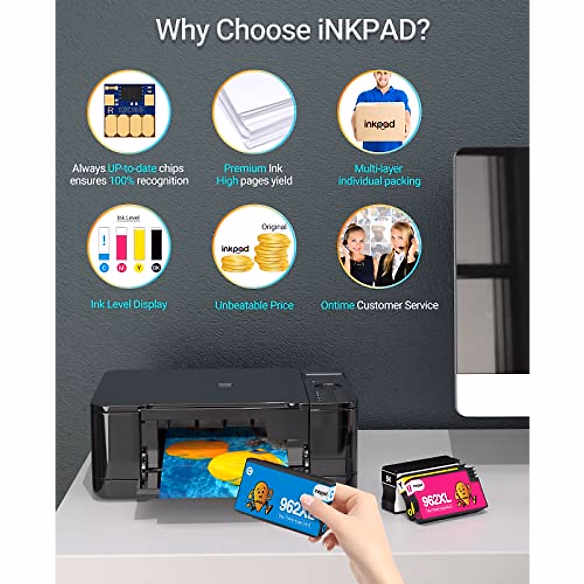 iNKPAD Remanufactured Ink Cartridge Replacement for HP 962 962XL, High Yield 962XL Ink Cartridge Combo Pack Work with HP OfficeJet Pro 9012 9015 9025 9015e 9010 9018 9020 9025e Printer (BCMY, 4 Pack)