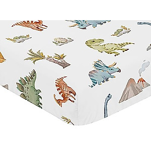 Sweet Jojo Designs Watercolor Dinosaur Dino Baby Boy Fitted Crib Sheet Infant Newborn Nursery Toddler Bed Room Standard Mattress Green Slate Blue White Modern Dinosaurs Jurassic Nature Animal Steel