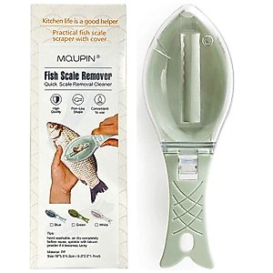 MQUPIN Fish Clean Scales with Cover, Fish Skin Brush Scraping, Fish Skin Remover Scaler Knife Creative Fish Scaler Scraper Kitchen Cooking Tools Fish-Shaped Multifunctional (Green)