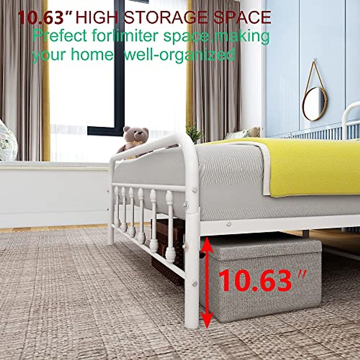 Kefair Full Size Metal Bed Frame with Headboard, Iron Mattress Foundation No Box Spring Needed,10.6 Inch Under Bed Storage, Noise Free, Easy Set Up（White