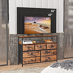 Furologee Dresser TV Stand, Console Sofa Table with 7 Drawers and 2-Tier Open Shelves, Entertainment Center for 45" TV, Storage Fabric Drawer Unit for Bedroom, Living Room, Entryway, Rustic Brown