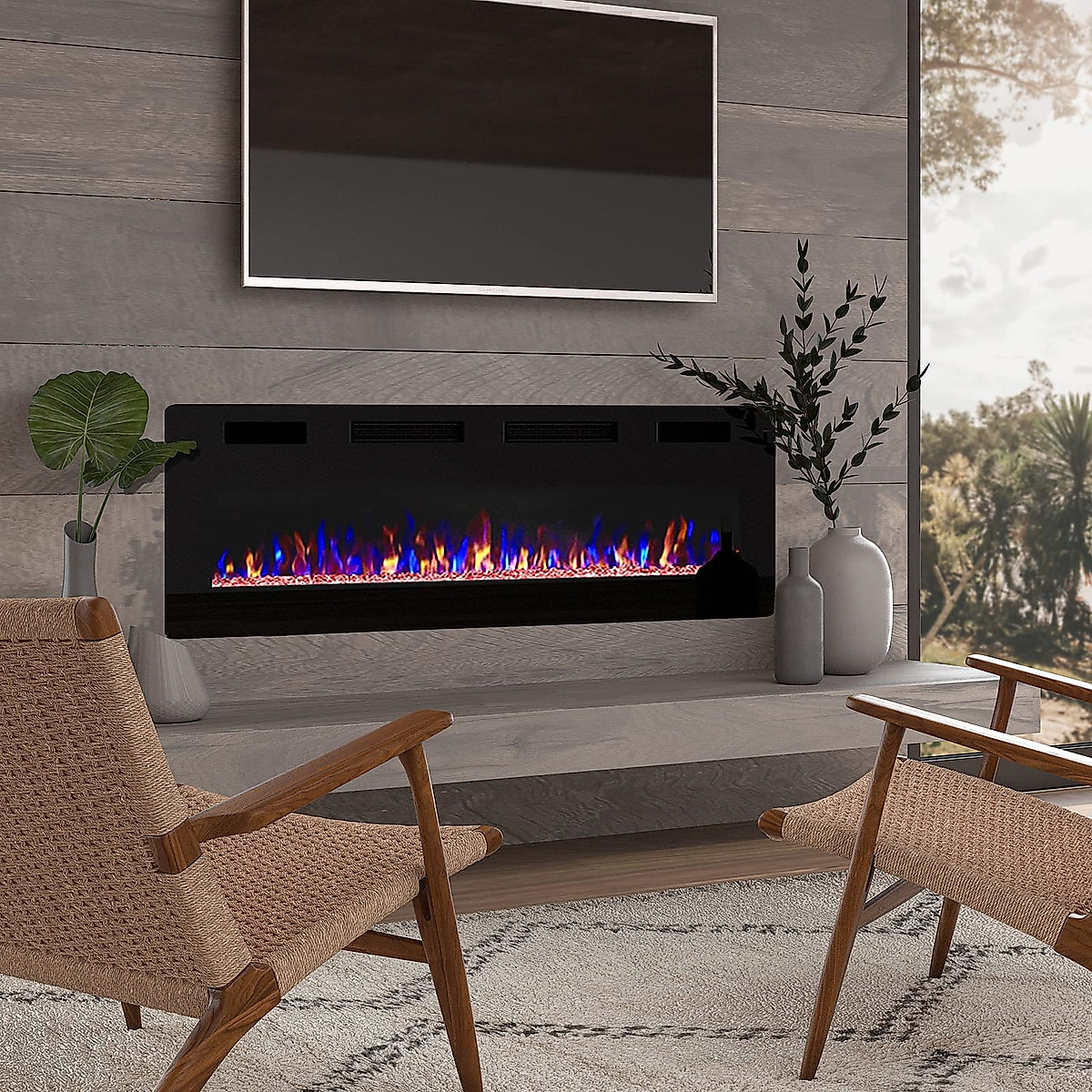 BOSSIN 72 inch Ultra-Thin Silence Linear Electric Fireplace, Recessed Wall Mounted Fireplace, Fit for 2 x 4 and 2 x 6 Stud, 12 Adjustable Flame Color & Speed,Touch Screen Remote Control with 8h Timer