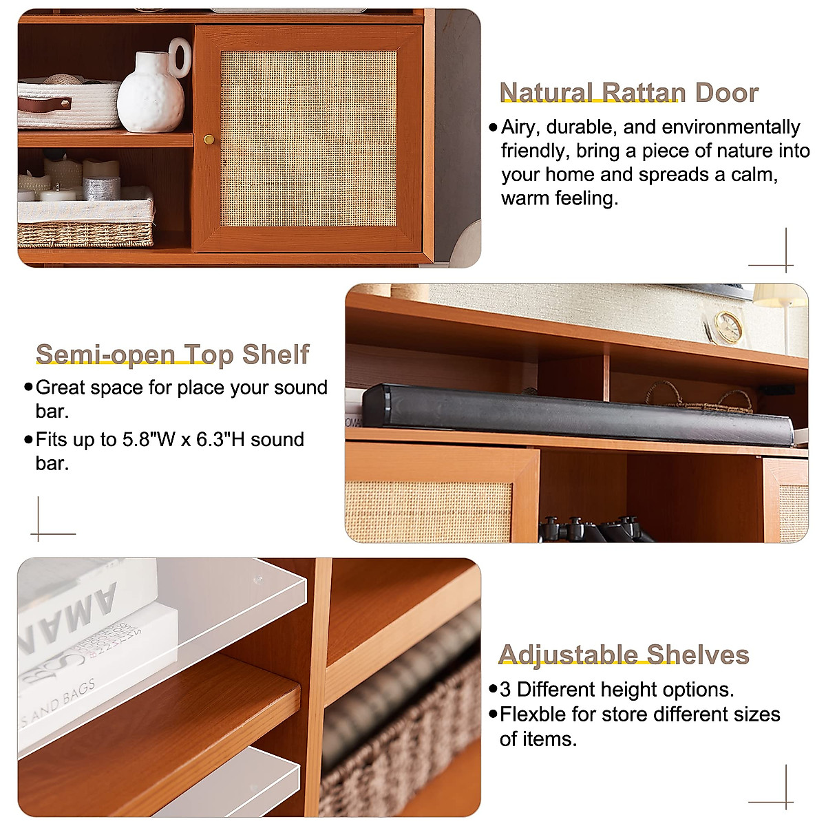 OKD TV Stand for 65+ Inch TV, 32'' Tall Highboy Entertainment Center, Mid Century Modern Media TV Console with Natural Rattan Door, Adjustable Shelves, Boho Television Stand, Cherry