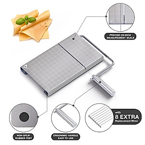 Cheese Slicer With Wire - Cheese Slicers for Block Cheese Incl. 8 Extra Wires with Accurate Size Scale On Cheese Slicer Board for Prices Cuts - Ideal Cheese Cutter with Wire for Charcuterie Boards