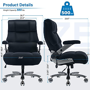 Big and Tall Office Chair 500lbs- Executive Desk Chair with Adjustable Lumbar Support 3D Flip UP Arms- Heavy Duty Quiet Wheels Metal Base Ergonomic Computer Chair, Black
