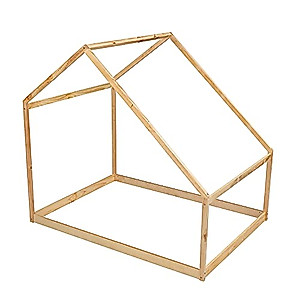 Full Size Wood House Bed, Wooden Bedframe with Roof for Kids, Teens, Boys or Girls Bedroom Furniture, Full Floor Bed Frame Box Spring Needed (Natural)