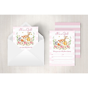 Your Main Event Prints Pink Woodland Baby Shower Invitations, Forest Animal Baby Shower Invitations for girl, with Bear, Raccoon, Deer, Baby Sprinkle, 20 Fill in Invitations and Envelopes