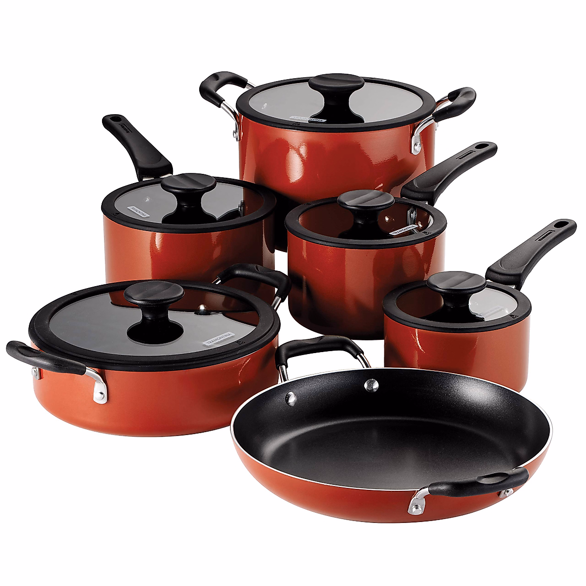 Tramontina Aluminum Non Stick 11-Piece Nesting Pots and Pans Set with Lids - Red, Kitchen Nonstick Cookware Set, Dishwasher and Oven Safe
