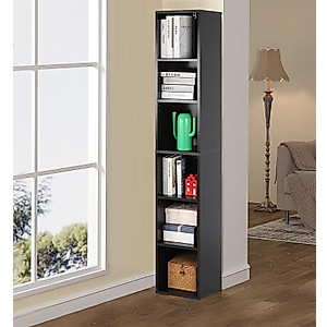 PACHIRA E-Commerce 71" H Tall Narrow Bookcase for Home Office Black, 6 Cubes Adjustable Book Shelf Display Rack Wooden Modern Corner Bookcase, 12" D x 12" W x 71" H