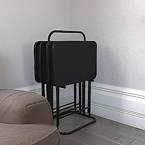 COSCO 5-Piece Folding Vinyl Top TV Tray, Black with Storage Rack, Multi-Purpose, for Snacks, Portable Workspace, & Easy to Store Activity Table Set, 1-Pack