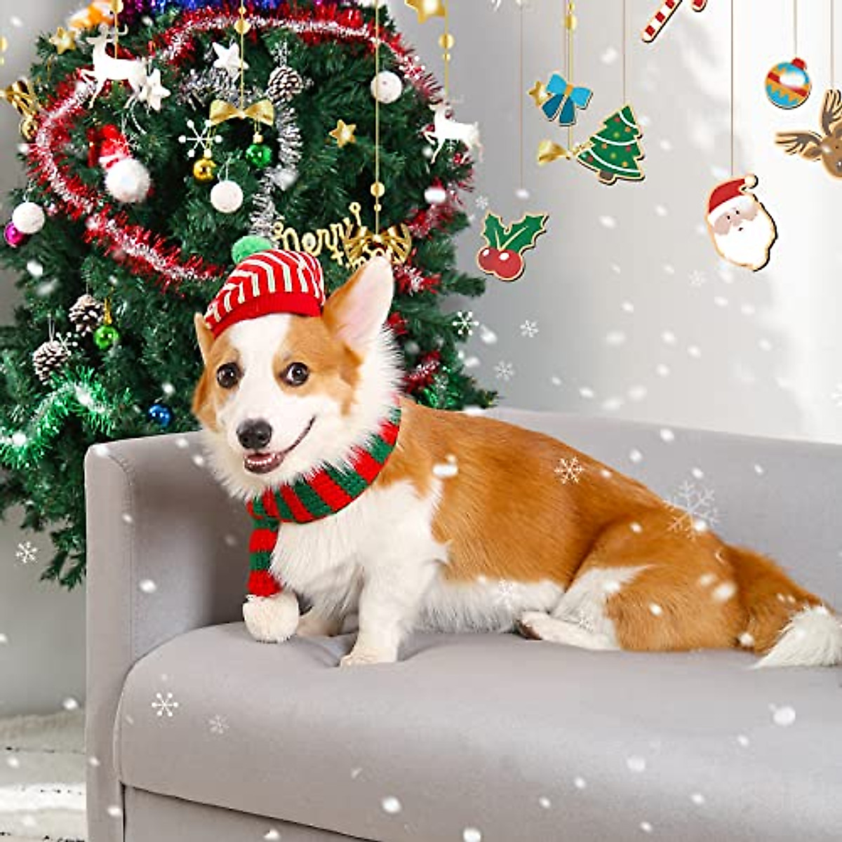 Christmas Costume Hat with Scarf for Cats and Dogs, 2 Pcs Adjustable Santa Hat Scarf Set, Xmas Pet Warm Outfit Cloth, Medium