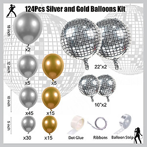124Pcs Silver and Gold Garland Balloons Metallic Balloon Arch Kit Chrome Silver balloon Disco Ball decorations for Disco Party 60th Birthday Graduation Galaxy Alien Party