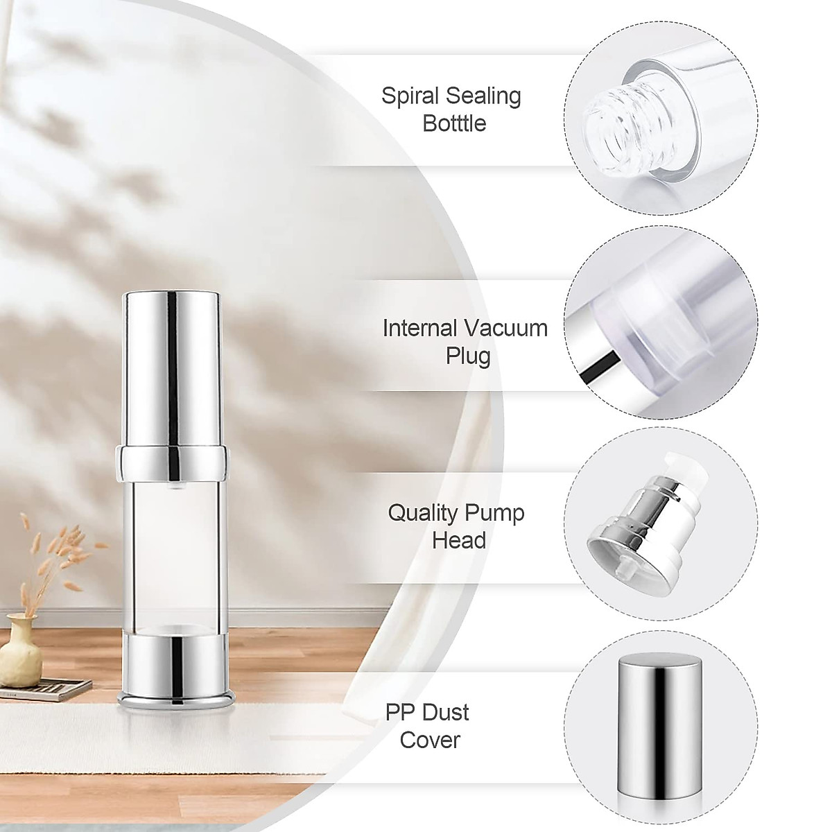 8 Pack 5ml/0.17oz Plastic Airless Pump Bottle Portable Lotion Container Refillable Cream Jar Vacuum Pump Press Dispenser for Travel Cosmetic Emulsion Liquid Foundation Shampoo Toiletries Sample