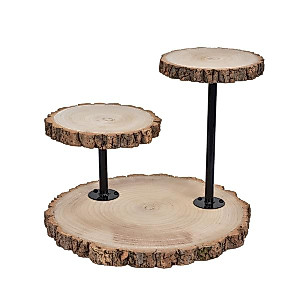 Efavormart 14" Tall | 3 Tier Rustic Wood Slice Cupcake Stand, Natural Wooden Cake Stand Dessert Display with Metal Poles
