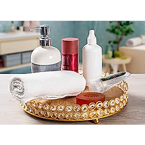 Wooden Round Serving Tray for Living Room,Decorative Coffee Table Tray,Round Wood Tray for Ottoman or Side Table, Charcuterie Board or Cheese Platter, Wooden Metal Tray 12" Dia with Golden Natural