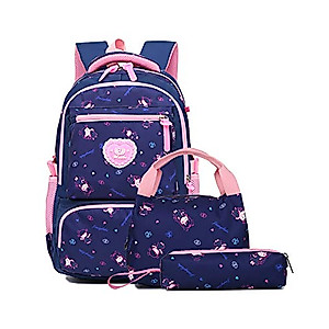 3Pcs Pretty Girls Elementary Bookbag Satchels for Primary Girls School Bag Backpack Set with Lunch Kits