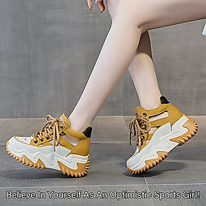 SOLPNOW Women's Leather Breathable Platform Sneakers,Summer Lace-Up Non-Slip Hollow Sandals,Outdoor Hiking Workout Driving Shoes (7,Yellow)