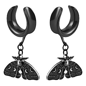 DOEARKO 2PCS Black Butterfly Dangle Saddle Ear Plugs Body Piercing Tunnels 316 Stainless Steel Hypoallergenic Earrings Plugs for Ears Expander Body Jewelry (10mm(00G), Black)