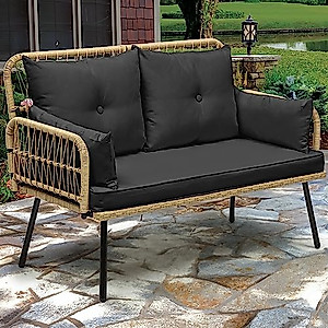 YITAHOME Patio Furniture Wicker Outdoor Loveseat, All-Weather Rattan Conversation for Backyard, Balcony and Deck with Soft Cushions (Light Brown+Black)