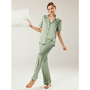 AW BRIDAL Silk Pajamas for Women Satin Pajama Set Button Up Bride Bridesmaid Pajamas Sleepwear Loungewear, Sage Green L