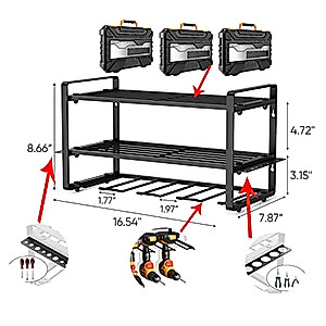 Power tool storage rack, drill rack Wall mounted, Heavy Duty Garage tools Power tool storage, utility for cordless drill in tool room garage, 3-story 120 lb limit, black（17"D x 9.45"W x 8"H Inch）